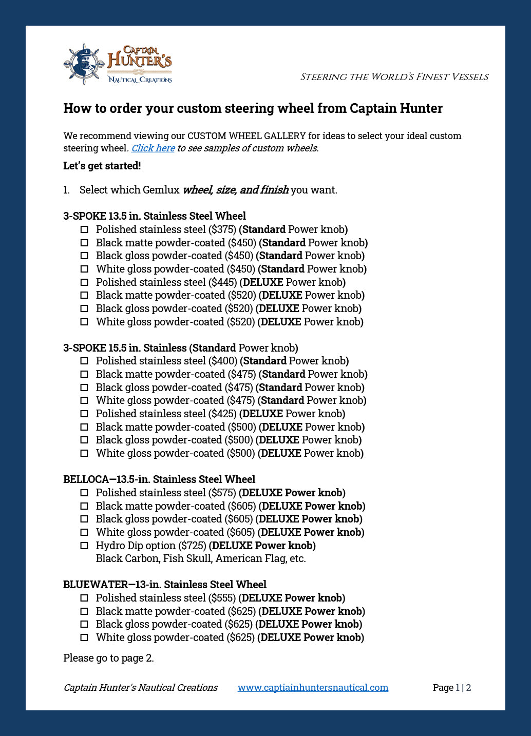 DOWNLOAD Your Custom Wheel Order Form - Captain Hunter's Nautical